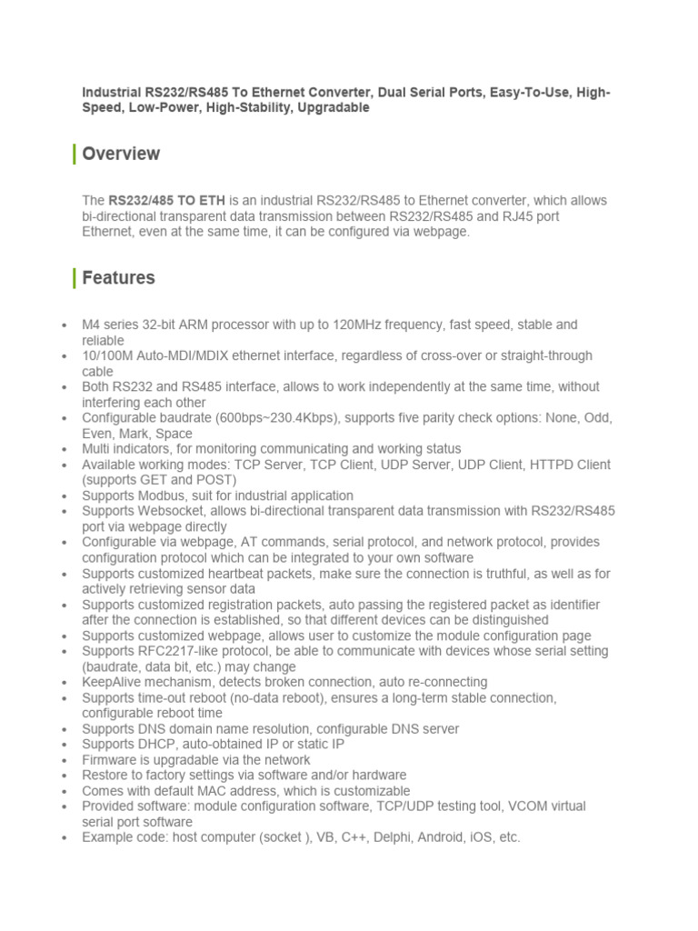 RS232 485 TO ETH Datasheet | PDF | Port (Computer Networking) | Domain Name System