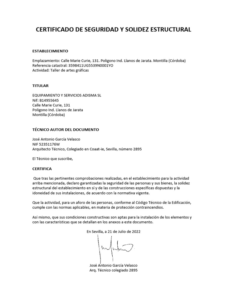 Certificado de Seguridad y Solidez Estructural | PDF | Tecnología
