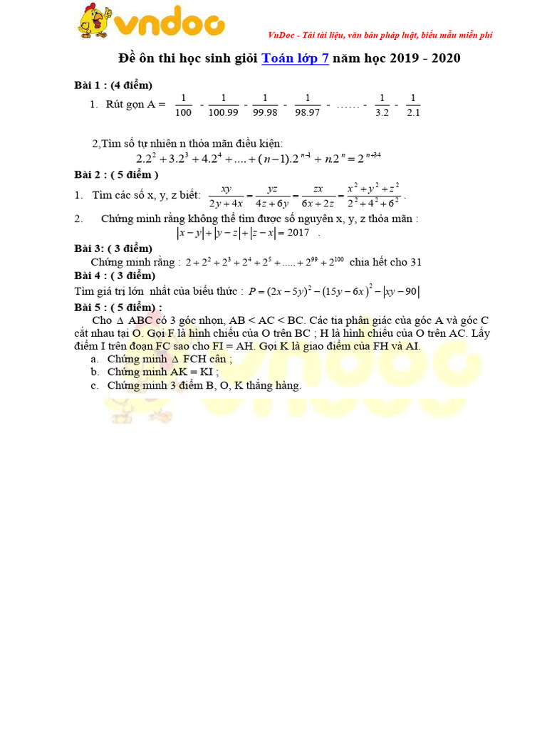 De On Thi Hoc Sinh Gioi Mon Toan Lop 7 Nam Hoc 2019 2020 | PDF