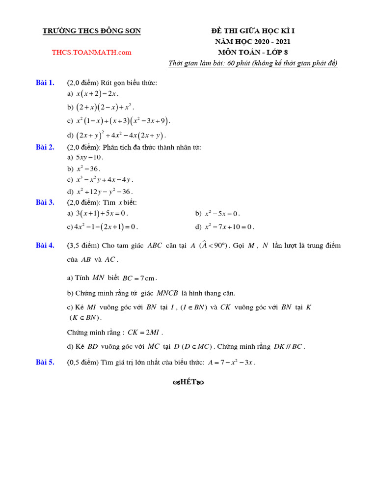 De Thi Giua Hoc Ki 1 Toan 8 Nam 2020 2021 Truong Thcs Dong Son Ha Noi | PDF