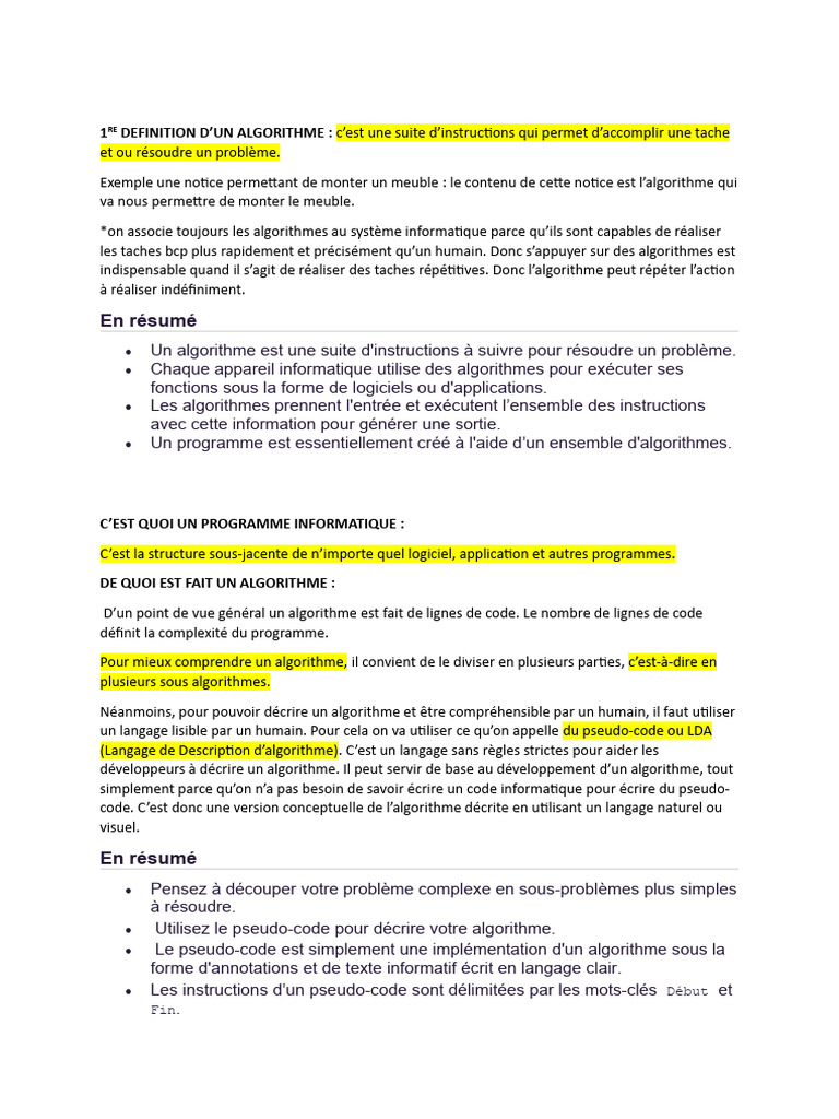 Definition D'un Algorithme | PDF | Programmation informatique | Booléen