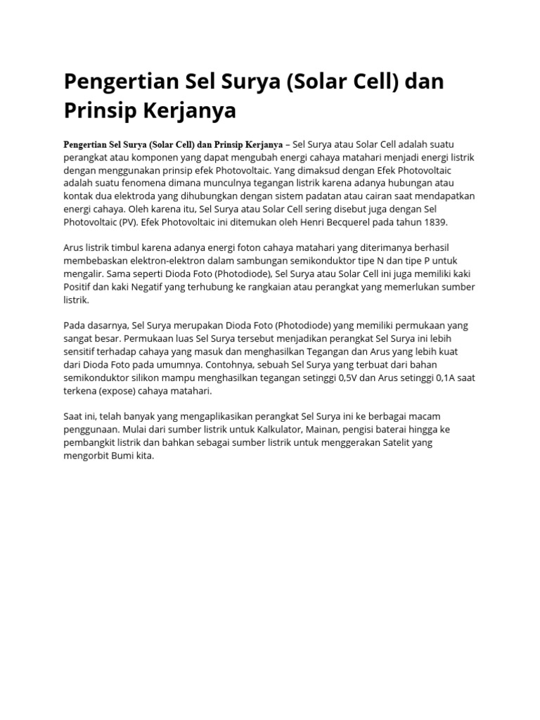 Pengertian dan Prinsip Kerja Sel Surya | PDF | Metode & Bahan Ajar ...