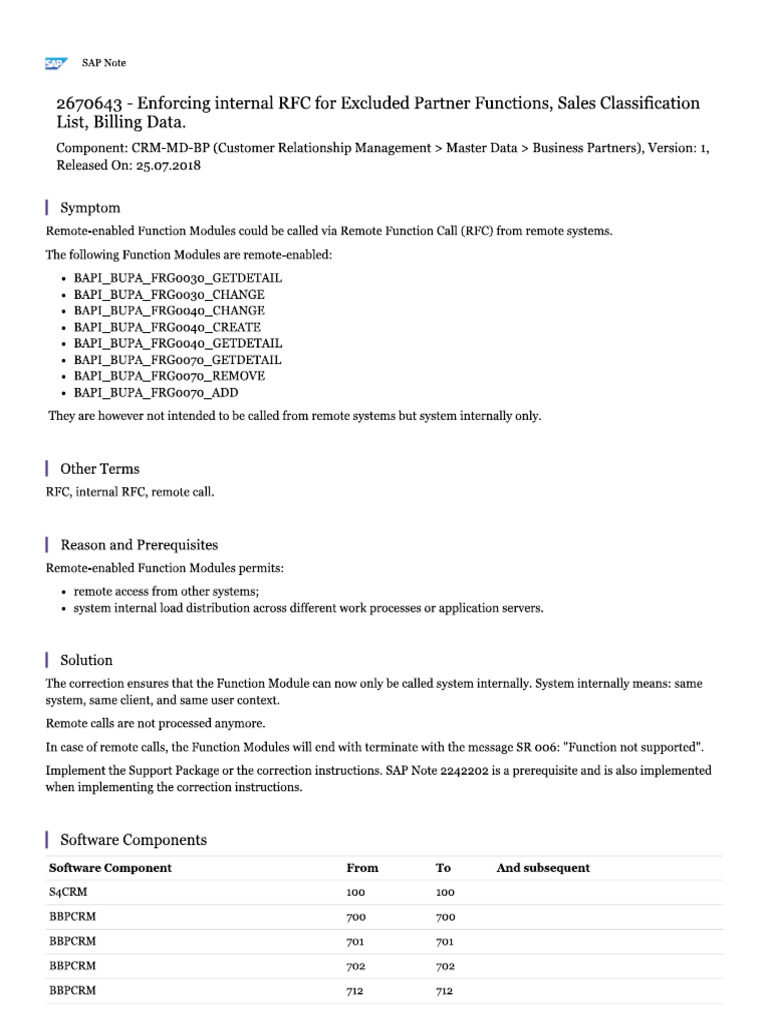 Enforcing Internal RFC For Excluded Partner Functions, Sales Classification List, Billing Data | PDF