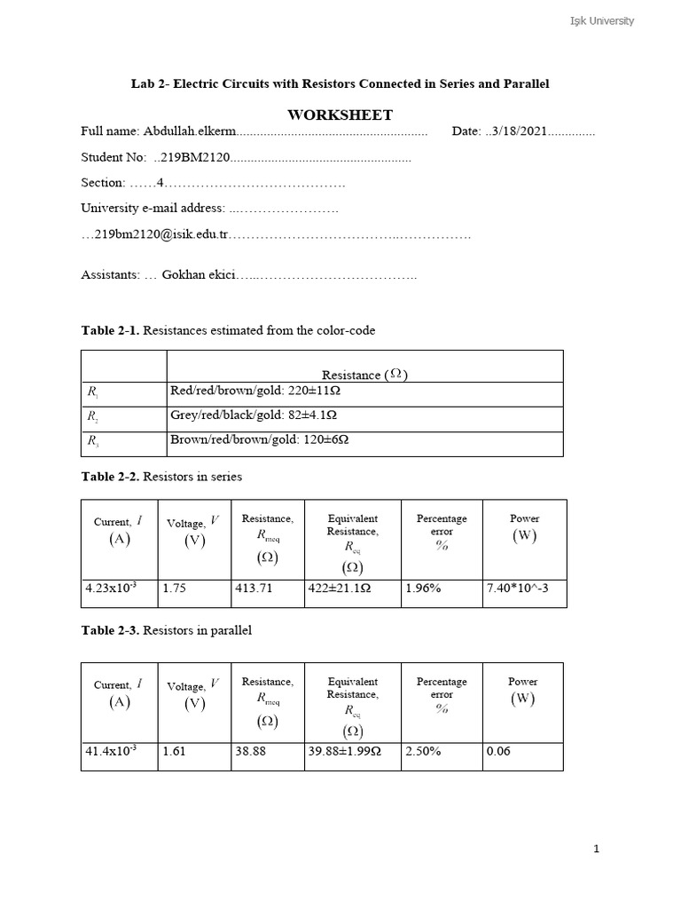 Lab 2. Electric Circuits With Resistors Connected in Series and Parallel Worksheet | PDF ...