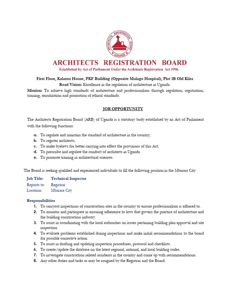 Arb Job Advert - Techenical Inspector - Mbarara City | PDF | Architect