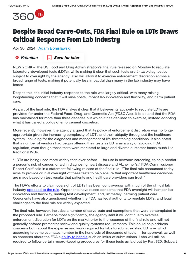 FDA's LDT Rule Sparks Industry Backlash | PDF | Food And Drug ...