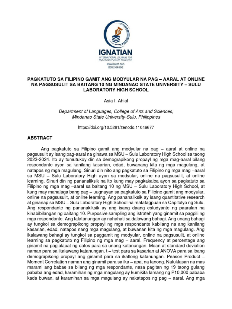 Pagkatuto-Sa-Filipino-Gamit-Ang-Modyular-Na-Pag - Aaral-At-Online-Na-Pagsusulit-Sa-Baitang-10-Ng ...