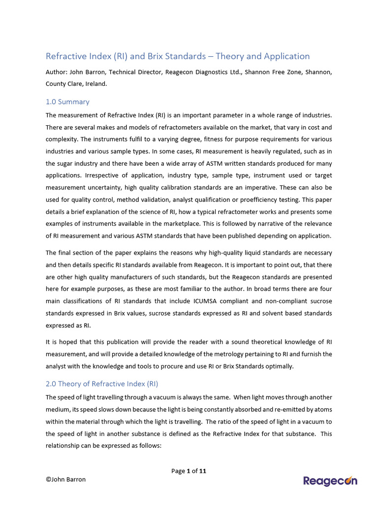 Refractive Index and Brix Standards Paper | PDF | Refractive Index ...