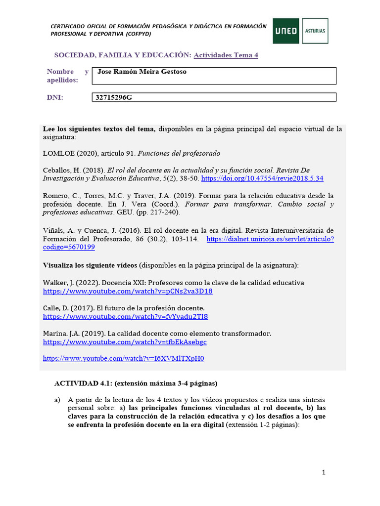 Actividades Tema 4 (Sfe) | PDF | Maestros | Enseñando