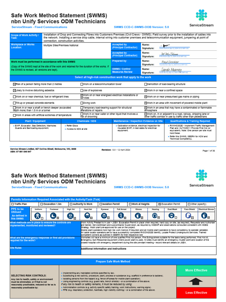 SWMS - Unify Services ODM Technicians CCD-C-SWMS-OOB v5.0 (Fillable ...