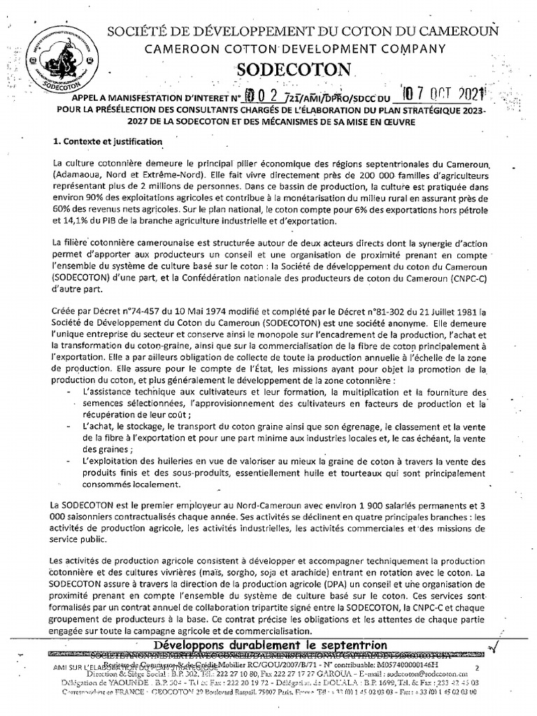 Plan Stratégique SODECOTON 2023-2027 | PDF | Investir | Graine de coton