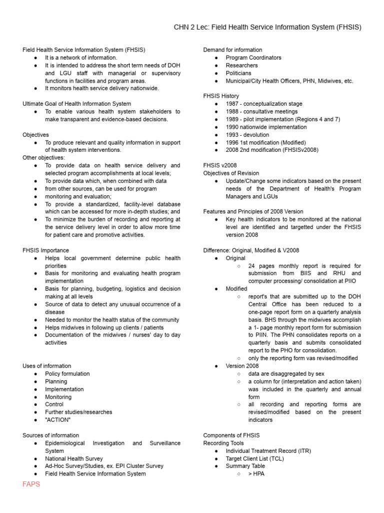 CHN 2 Lec Field Health Service Information System FHSIS 1 | PDF ...