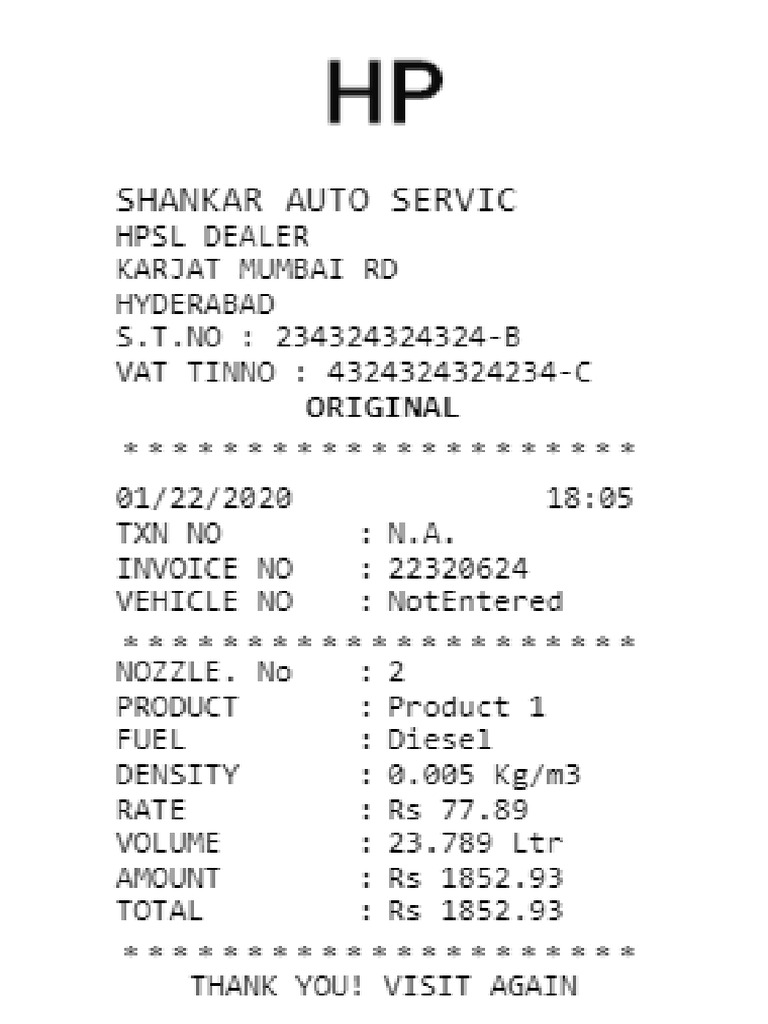 Create A Petrol Pump Receipt by Customizing Template For India ...