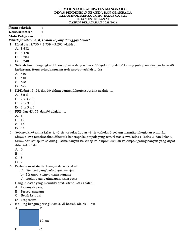 Soal Fix Us Matek KLS 6 | PDF | Griya & Taman | Teknologi & Rekayasa
