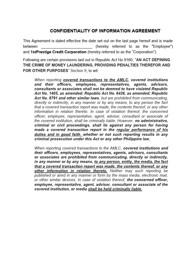 Confidentiality of Information Agreement | PDF | Employment | Corporations