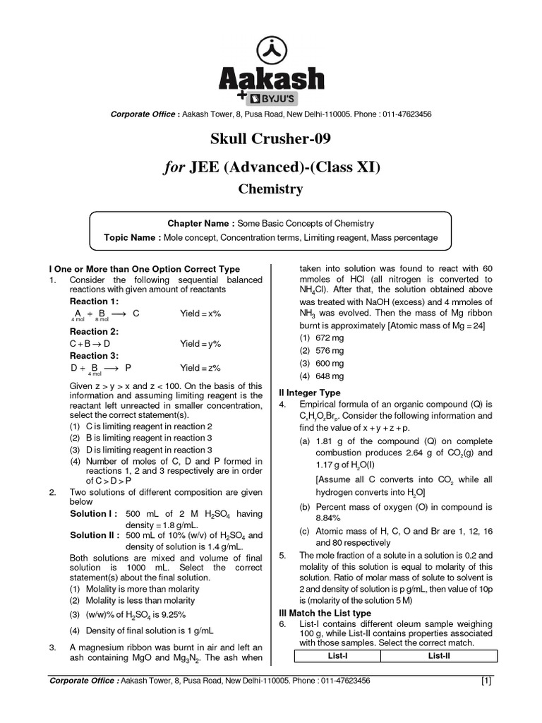 Skull Crusher-9 Class XI - JEE (Adv) - Chemistry | PDF | Mole (Unit) | Magnesium