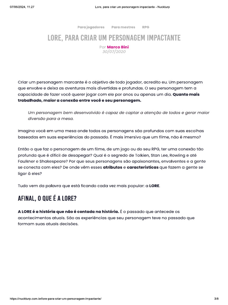 DICAS PARA CRIAR A LORE DOS PERSONAGENS | PDF