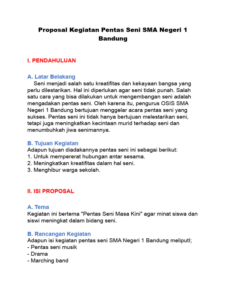 Contoh Proposal Kegiatan Pentas Seni SMA Negeri 1 Bandung Pelajaran Bahasa Indonesia | PDF | Seni