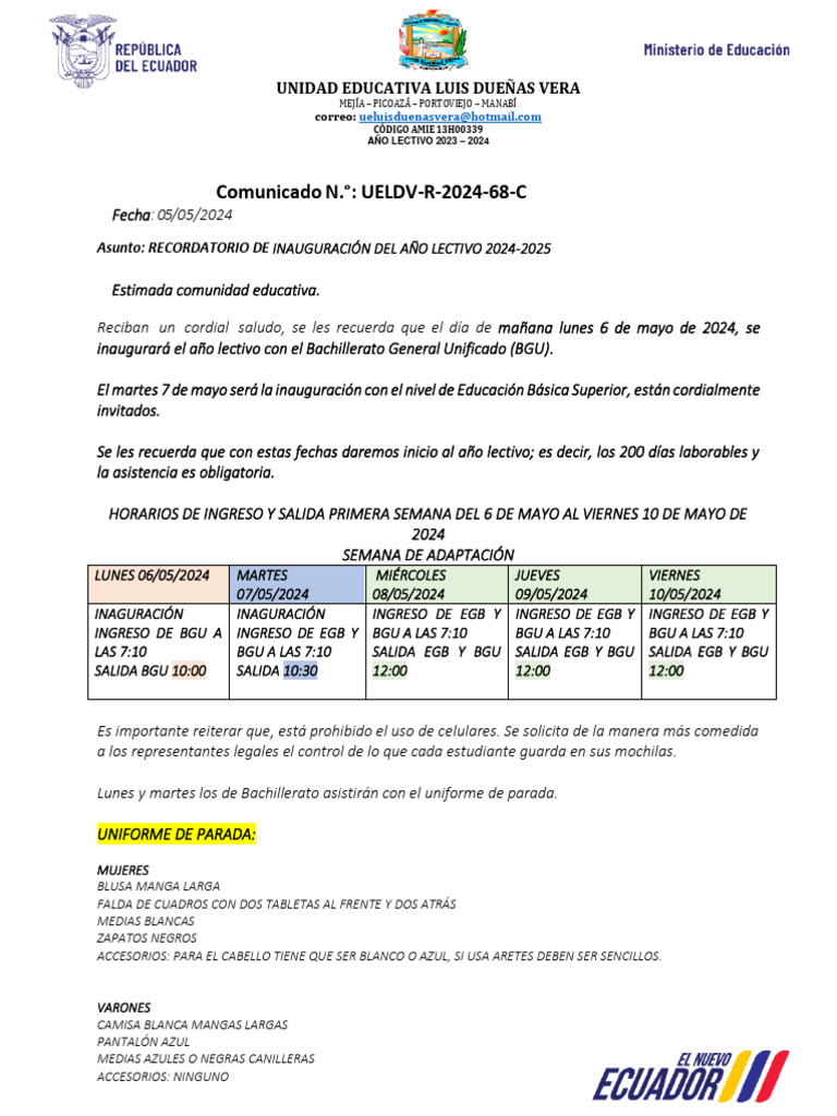 COMUNICADO N 068-INAUGURACIÓN DEL AÑO LECTIVO-signed | PDF