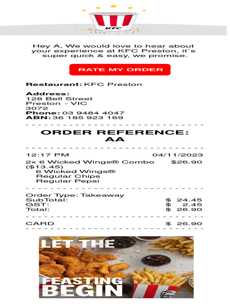 Receipt Yum Au KFC | PDF