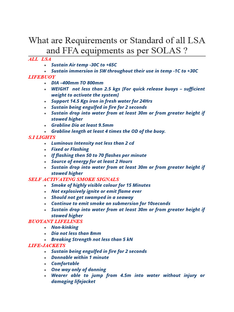 SOLAS LSA and FFA Equipment Standards | PDF