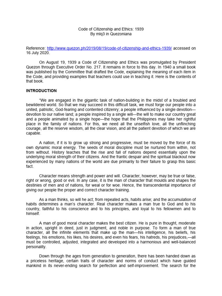 Code-of-Citizenship-EO-217-Citizens-Code-Quezon | PDF | Virtue | Taxes