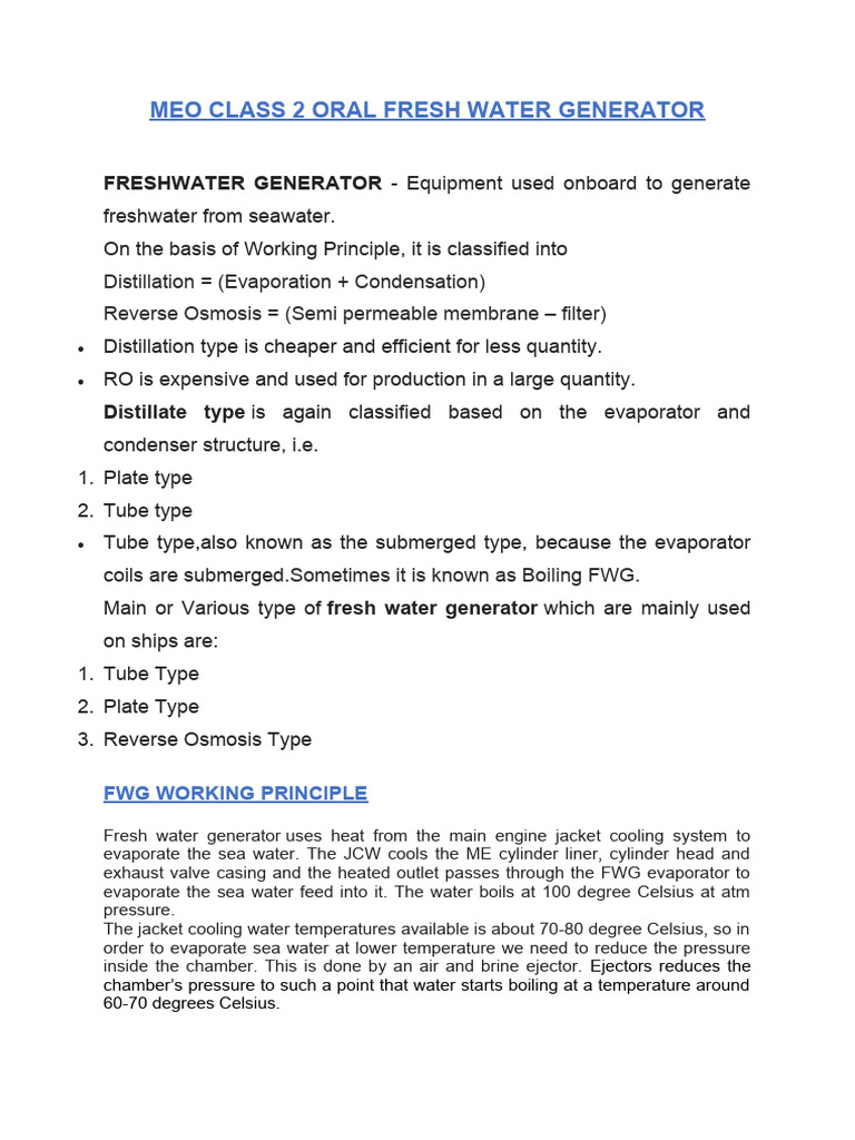 Fresh Water Generator Meo Class 2 Oral | PDF | Osmosis | Water