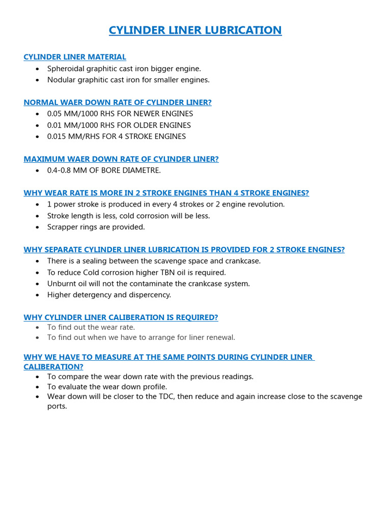 Cylinder Liner Lubrication Meo Class 2 Orals | PDF | Wear | Piston