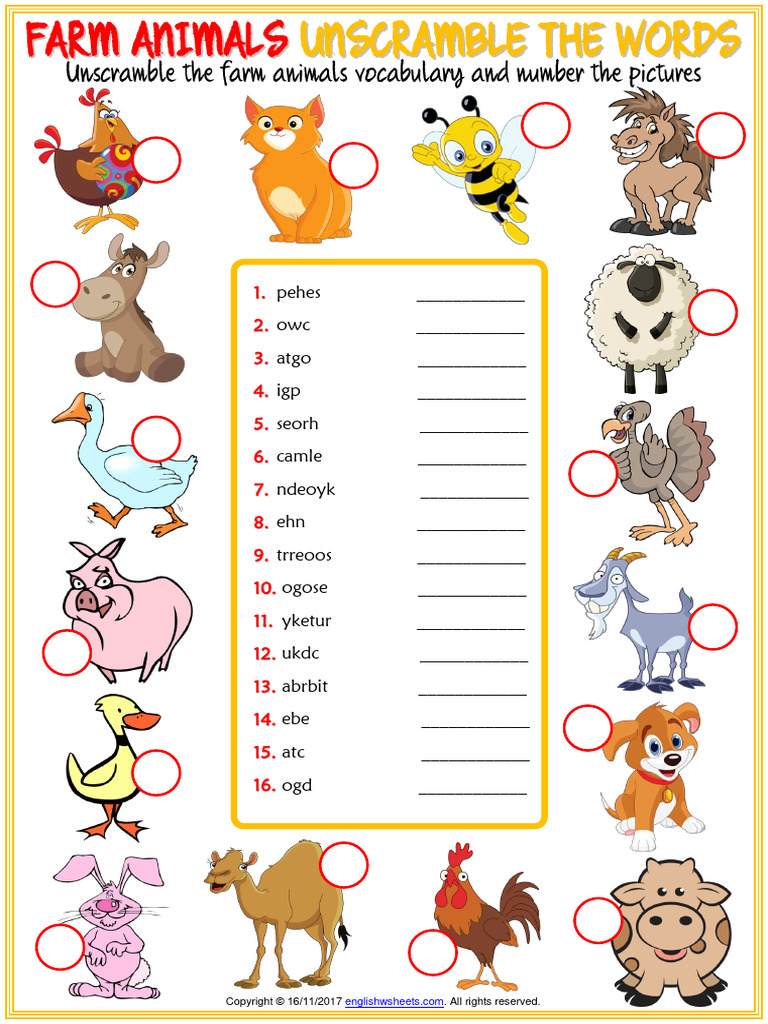 Farm Animals Vocabulary Esl Unscramble The Words Sin Solución | PDF