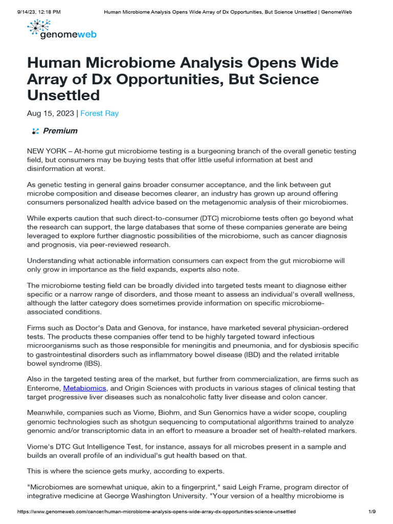 Human Microbiome Analysis Opens Wide Array of DX Opportunities, But Science Unsettled ...