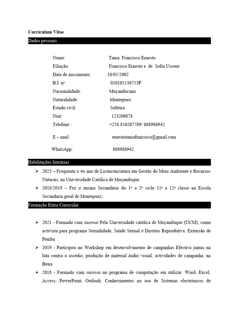 CV BM Tania | PDF | Moçambique