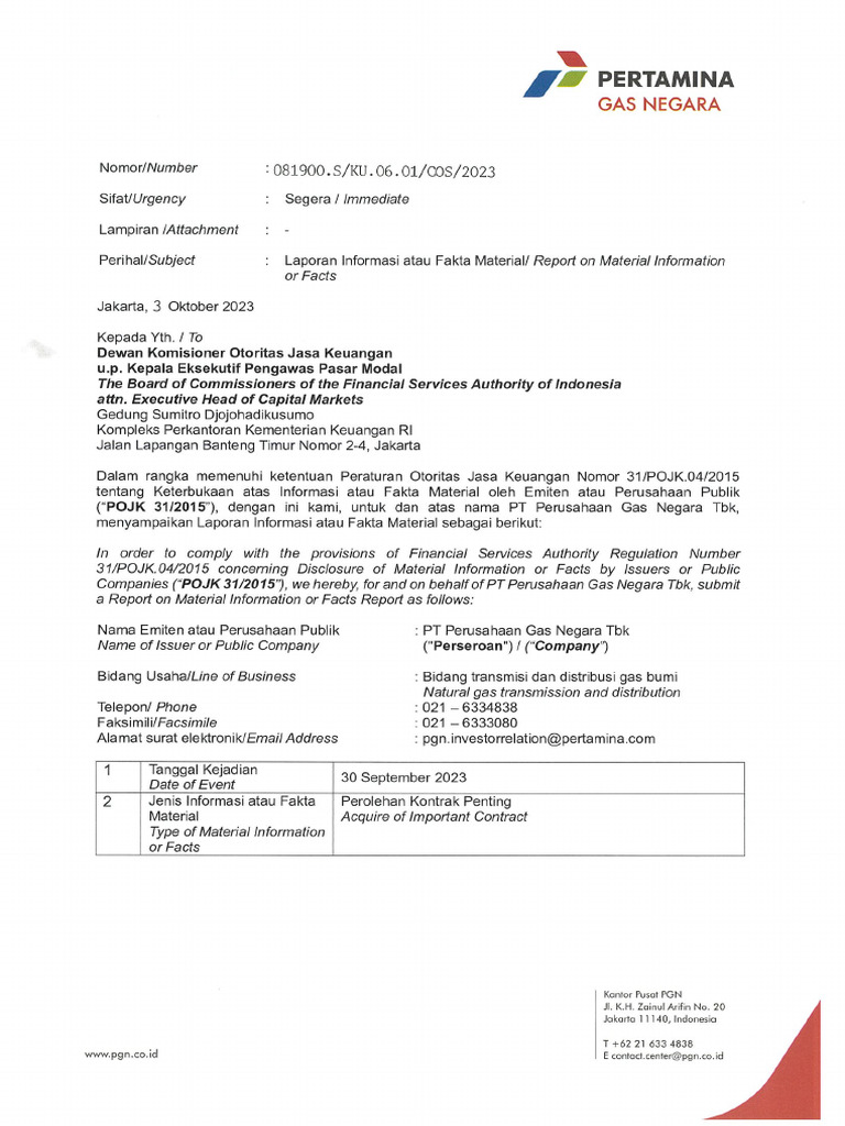 PGAS - Laporan Informasi Dan Fakta Material - 31434719 - Lamp1 | PDF
