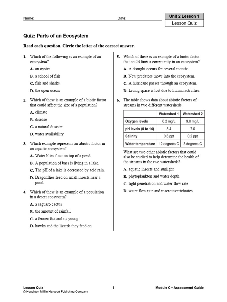 Quiz: Parts of An Ecosystem: Read Each Question. Circle The Letter of ...