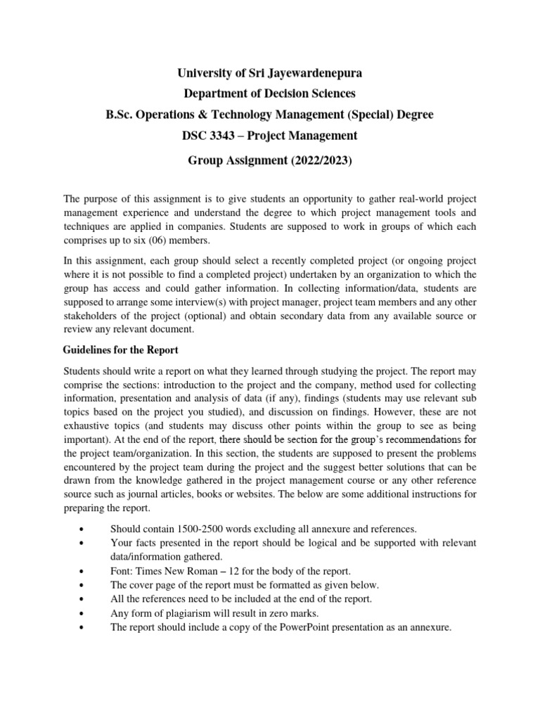 DSC 3343 - Project Management Group Assignment - 2023 | PDF | Data | Project Management