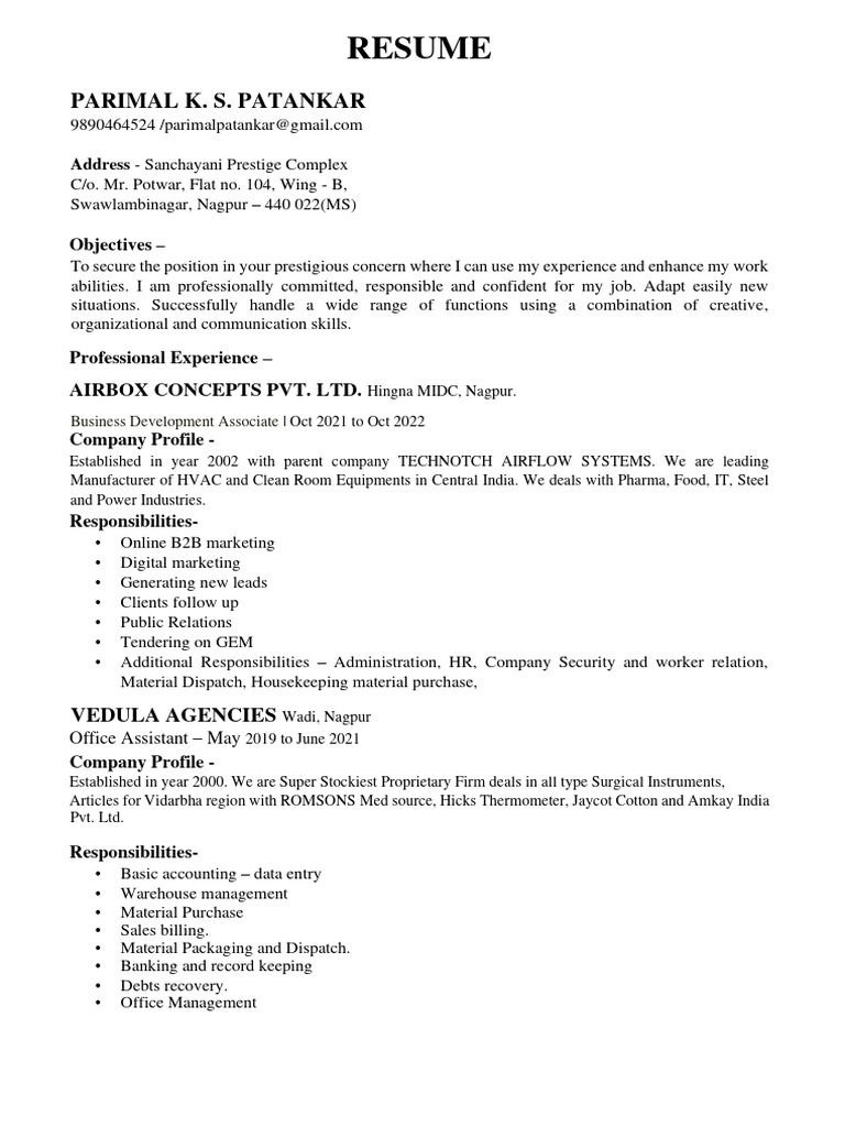 Resume Parimal Patankar | PDF | Business