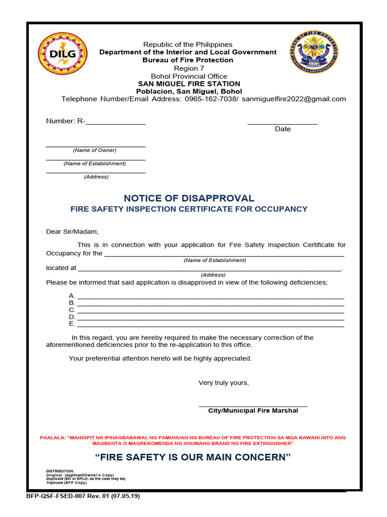 Fire Safety Inspection Disapproval Notice | PDF | Hazards | Emergency ...