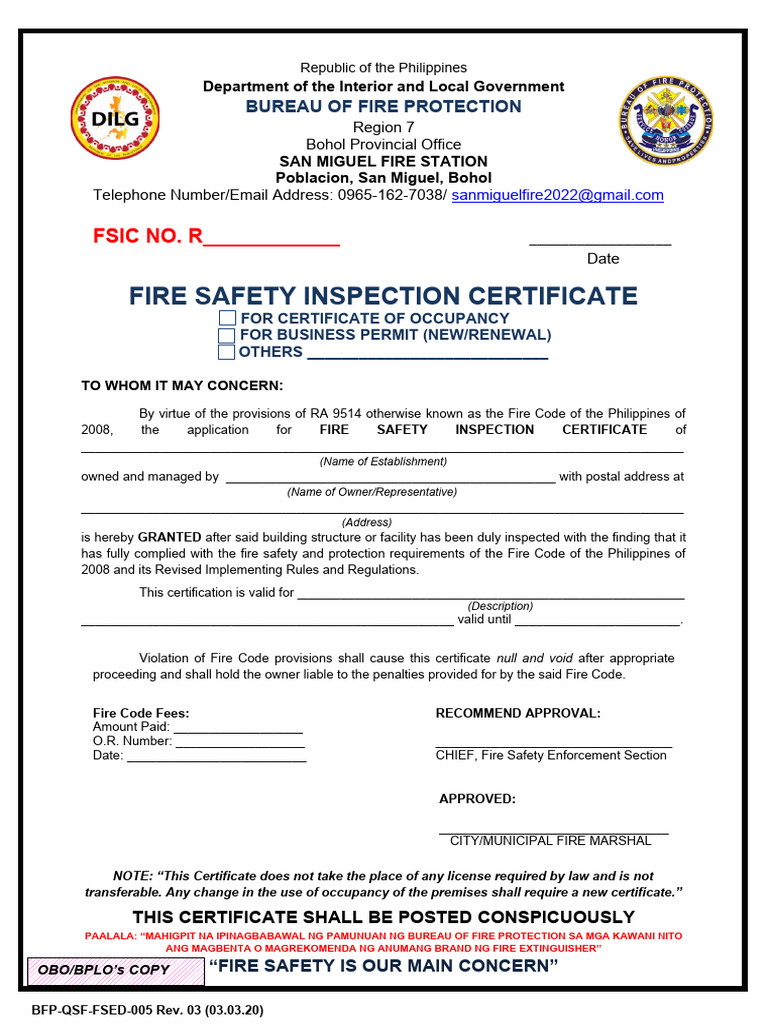 Fire Safety Inspection Certificate Template | PDF | Fire Safety ...