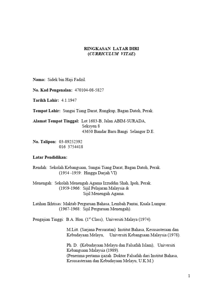CV Usf Lates PJG - Ustaz Sidek Fadzil | PDF