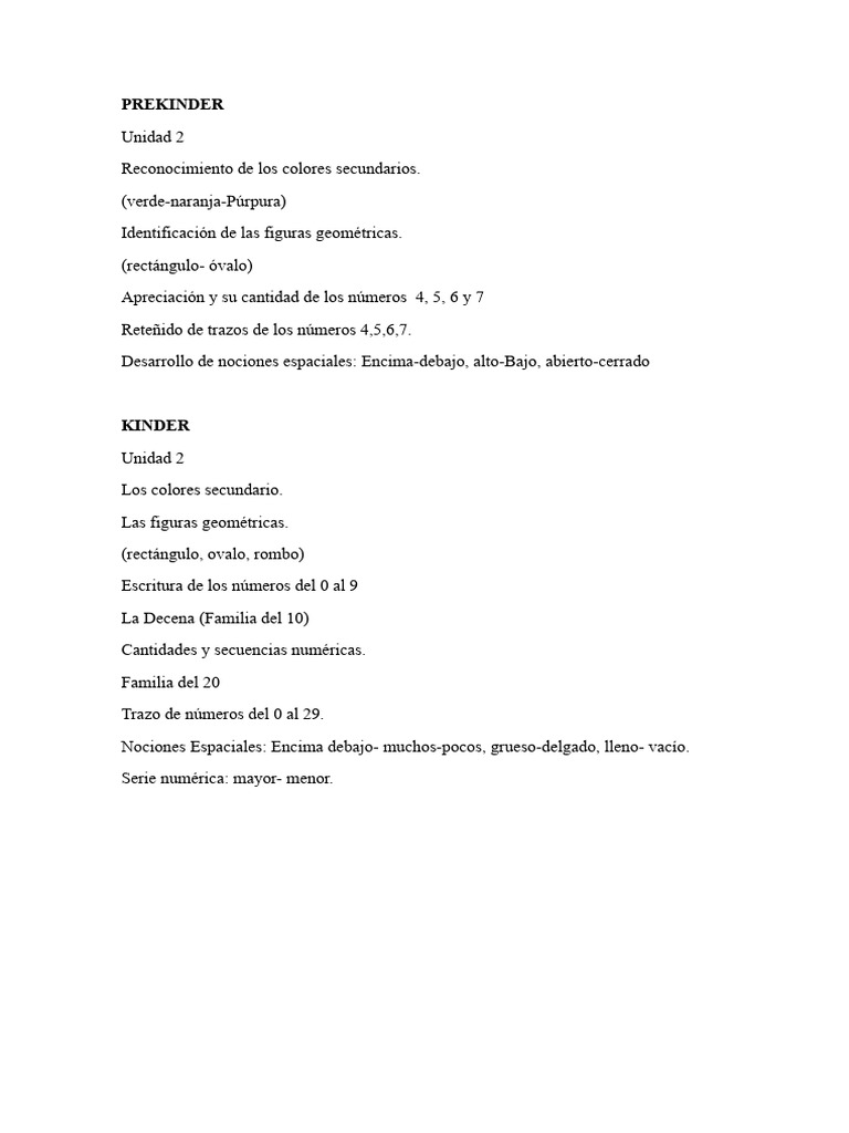 Unidad 2 Prekinder-Kinder | PDF