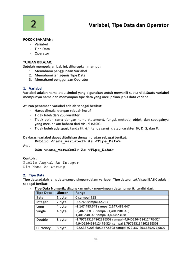 Pertemuan 2 - Variabel Operator Tipe Data VB Net 2010 | PDF