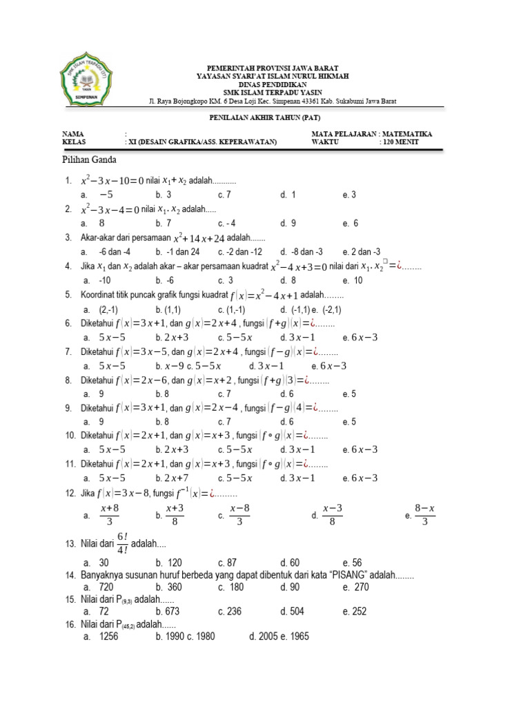 Soal Pat MTK KLS 11 2022 | PDF