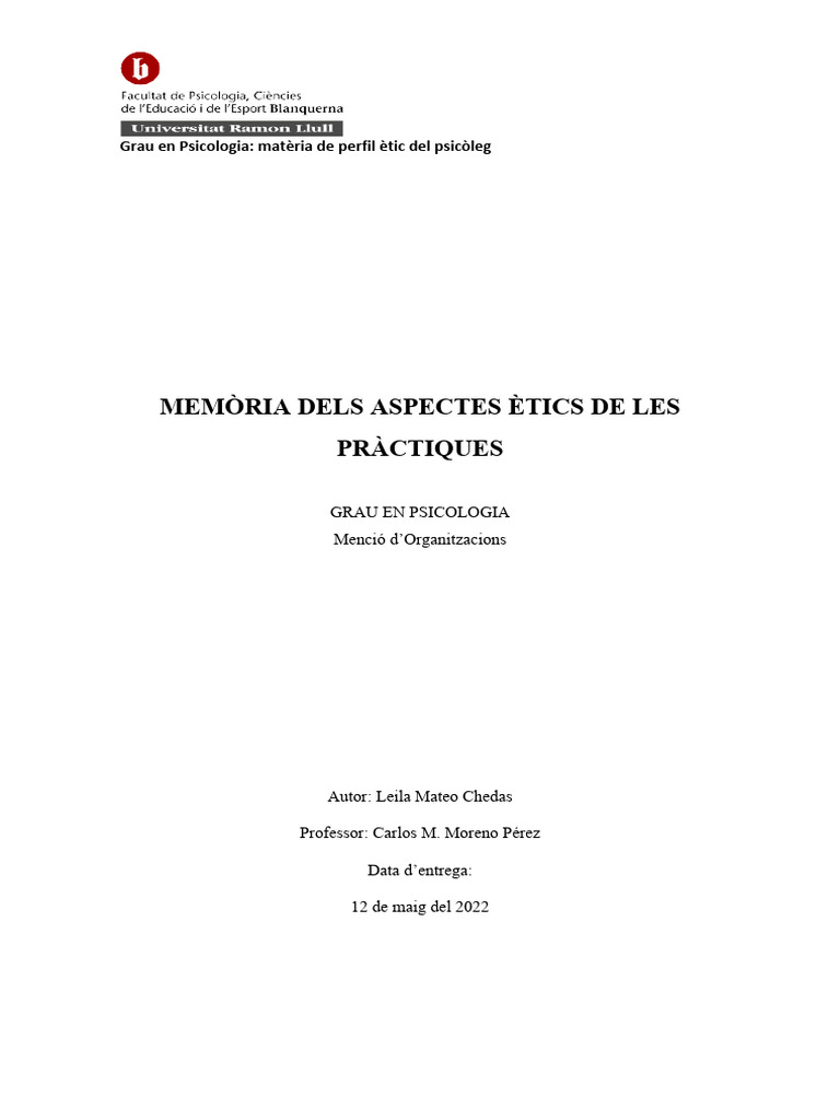 Memòria de perfil ètic centre de pràctiques | PDF