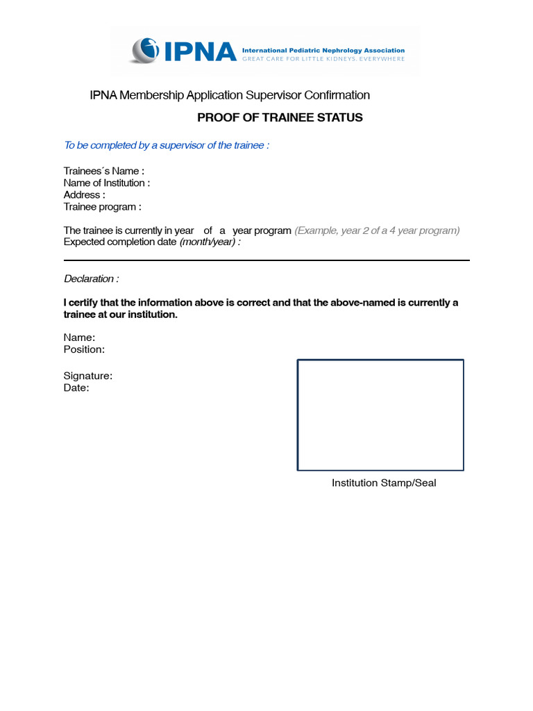 IPNA Proof of Trainee Status - Template | PDF