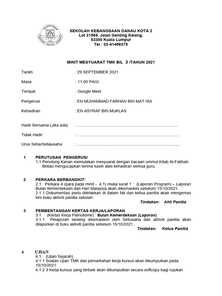 minit mesyuarat TMK 3 (2021) | PDF