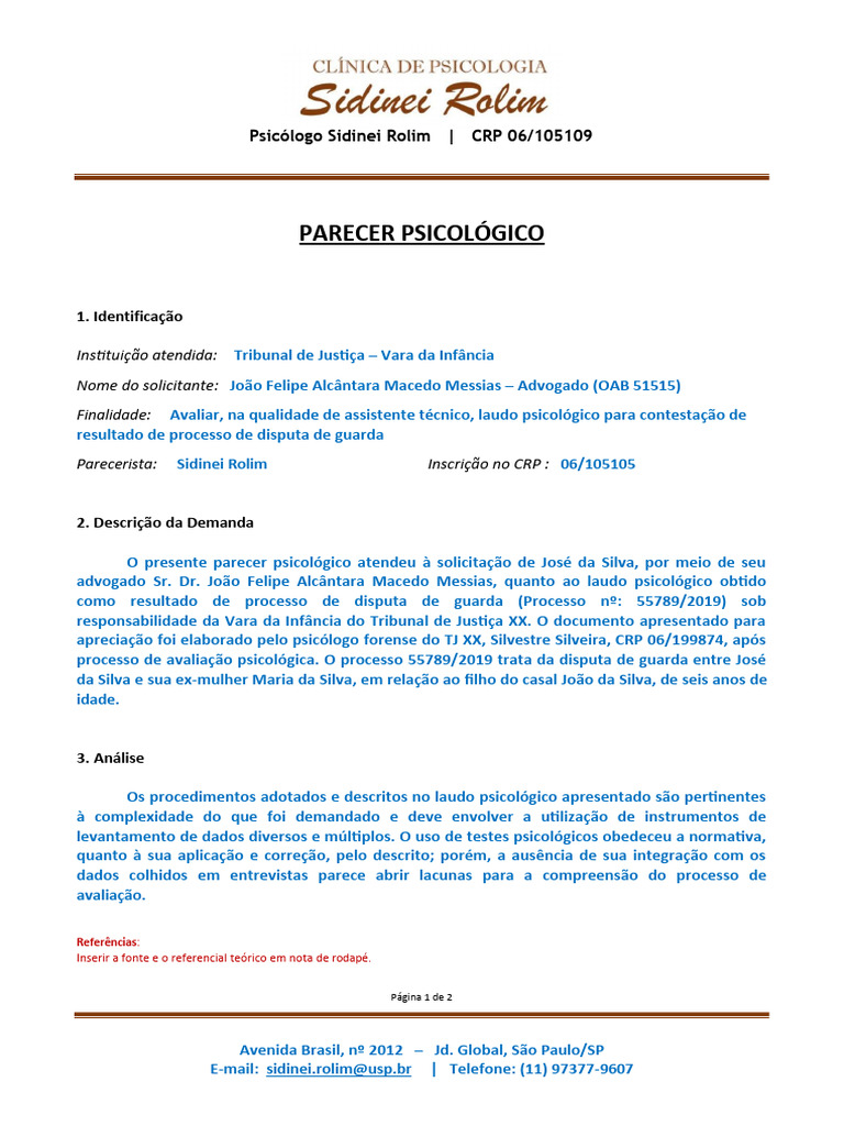 Parecer Psicológico sobre Guarda Infantil | PDF | Psicologia