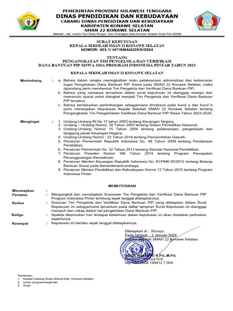 SK-PENGELOLA-PIP SMAN 19 Konawe Selatan 2024 | PDF
