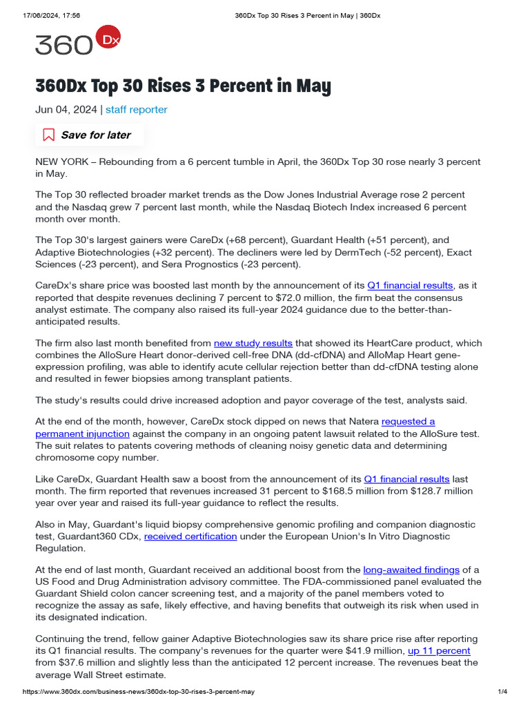 360Dx Top 30 Rises 3 Percent in May - 360Dx | PDF | Health Sciences | Clinical Medicine