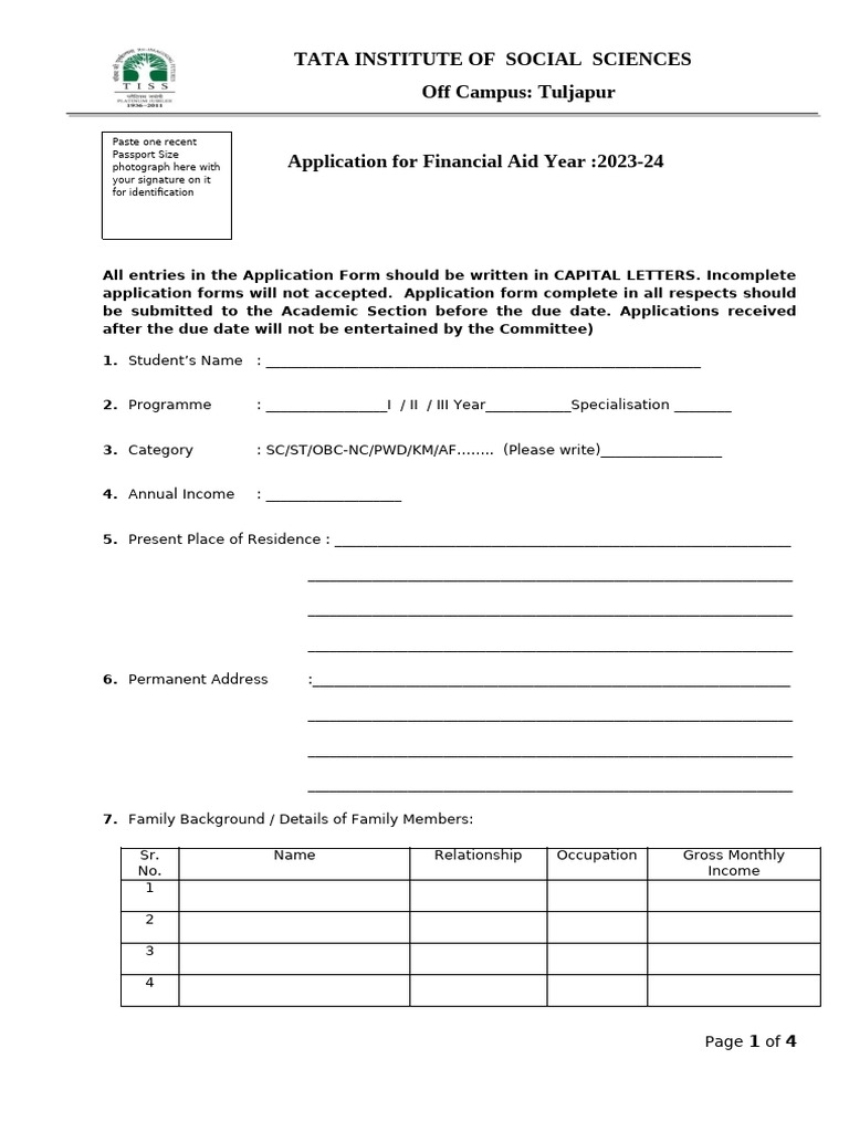 Application Form For Student Aid-23 | PDF | Student Financial Aid In ...