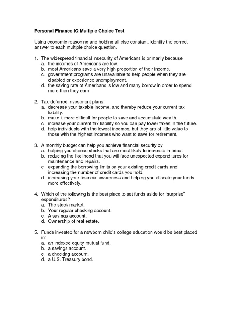 Personal_Finance_IQ_MultipleChoice_Questions | Download Free PDF ...