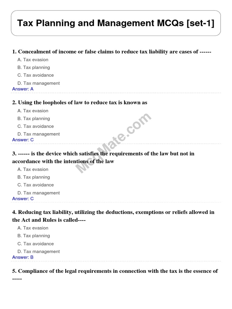 Tax Planning and Management Solved MCQs (Set-1) | PDF | Taxes | Income Tax